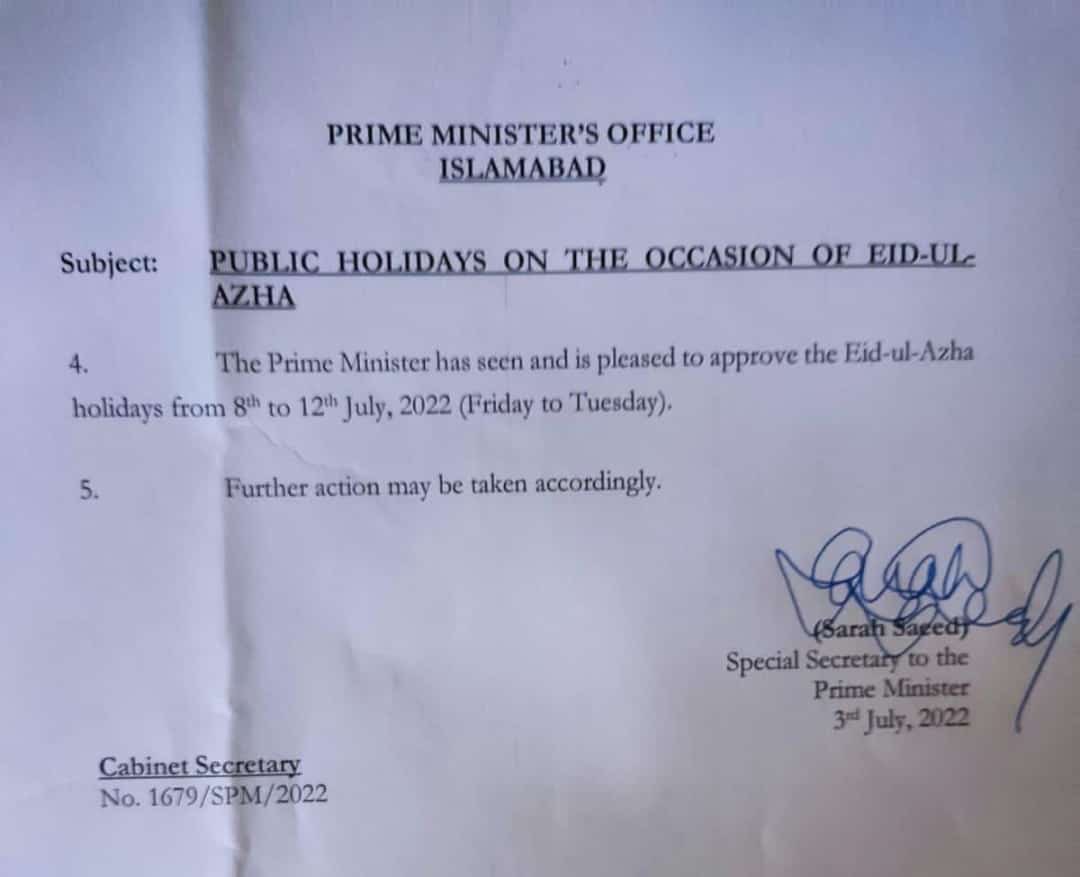 Eid Ul Azha 2022 Govt Issues Notification For Public Holidays